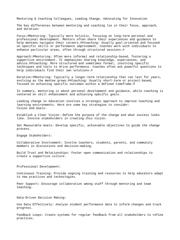Mentoring & Coaching Colleagues, Leading Change, and Advocating For Innovation | PDF ...