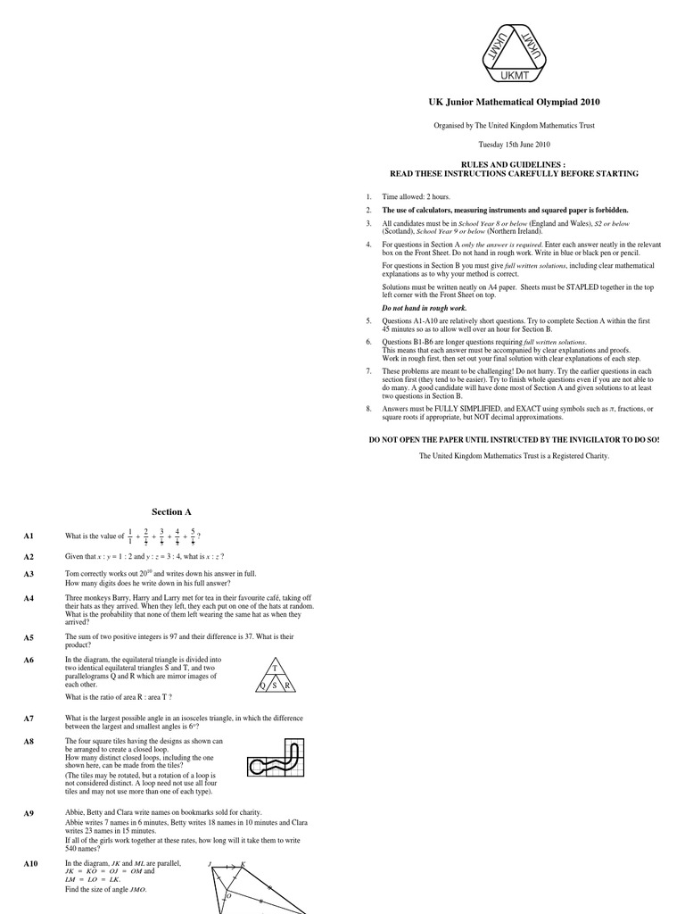 UK Junior Mathematical Olympiad 2010 | PDF | Triangle | Area
