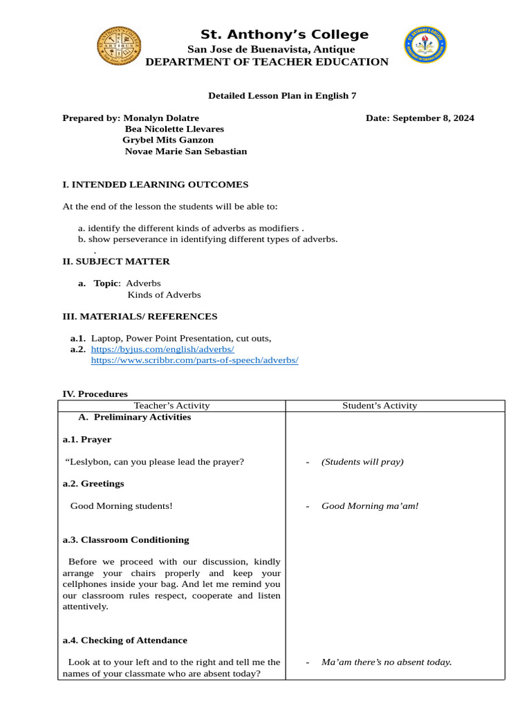 CYCLE ADVERB AND ITS KINDS Lesson Plan | PDF | Adverb | Adjective