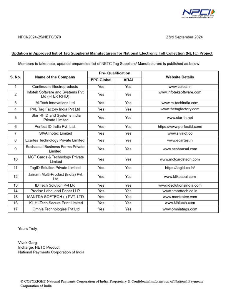 Tag Vendor List Circular 23rd Sept 2024 | PDF | Payments | Service ...