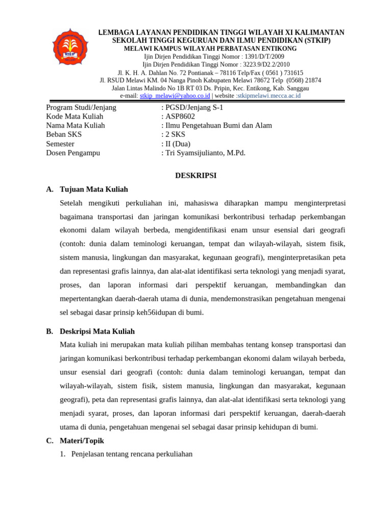 Ilmu Pengetahuan Bumi dan Alam S-1 STKIP Melawi | PDF
