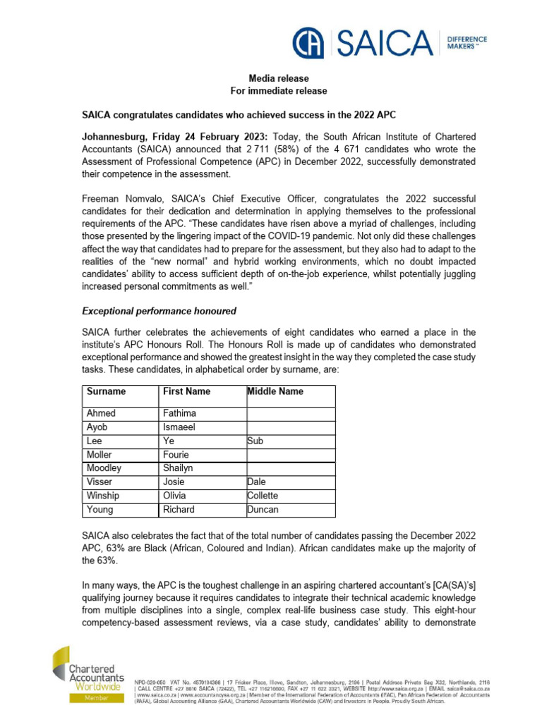 Media Release SAICA APC 2022 Results | PDF