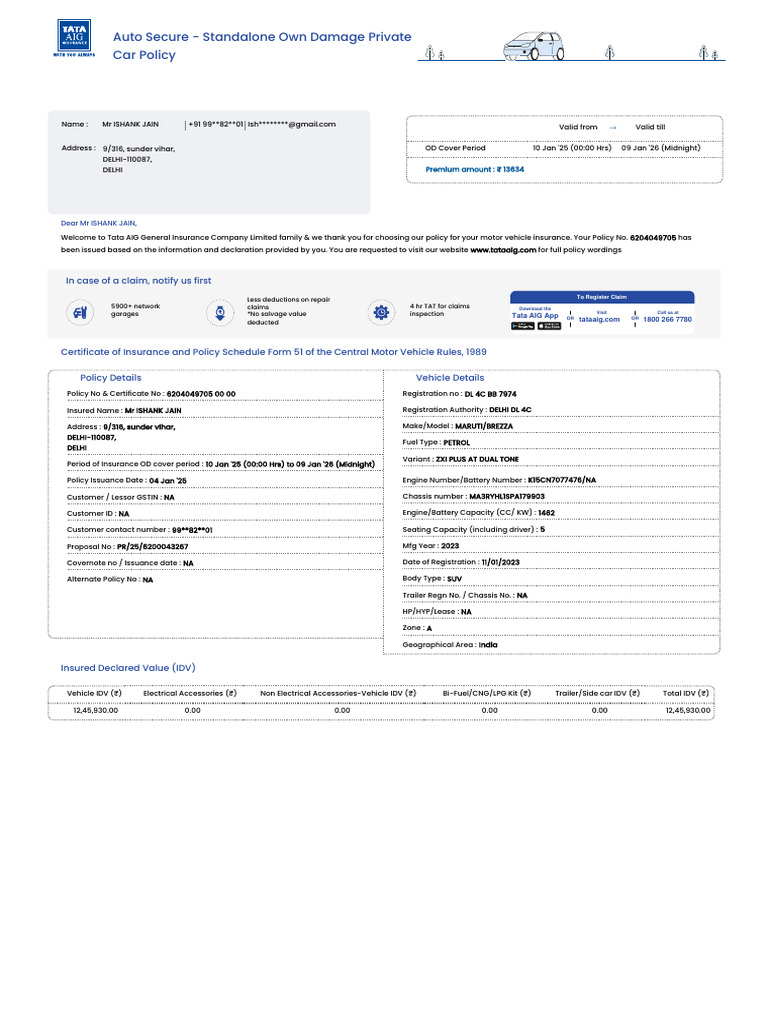 Tata AIG Motor Policy Schedule 3184 6204049705 | PDF | Insurance ...