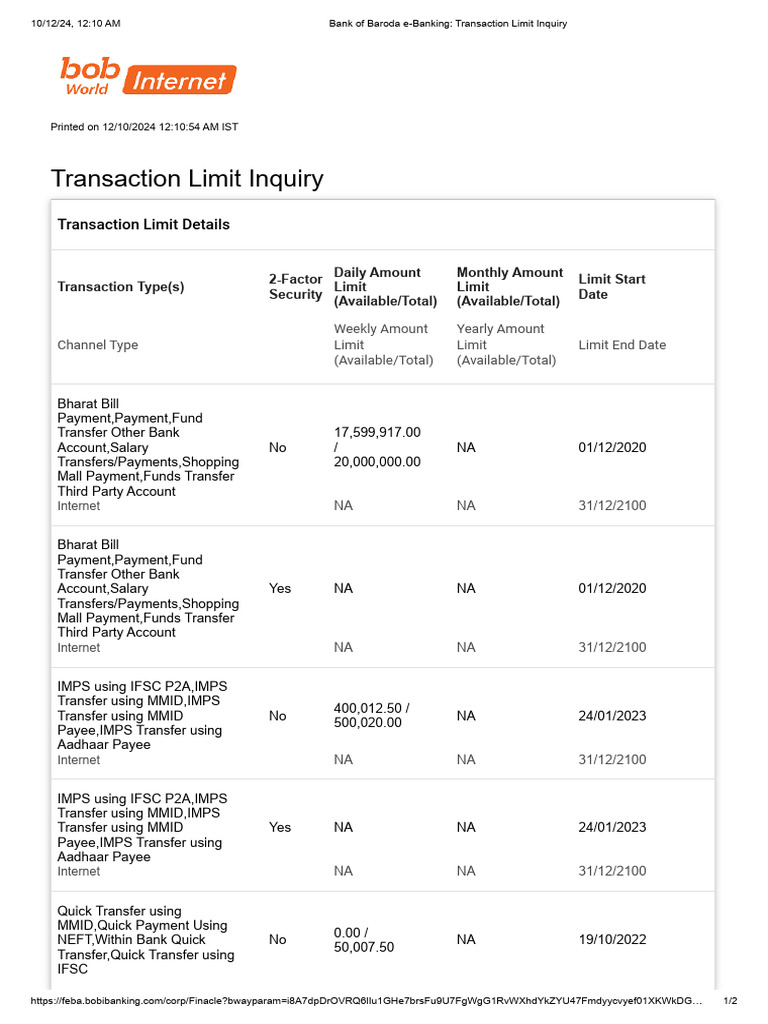 Bank of Baroda E-Banking - Transaction Limit Inquiry | PDF | Payments | Online Banking