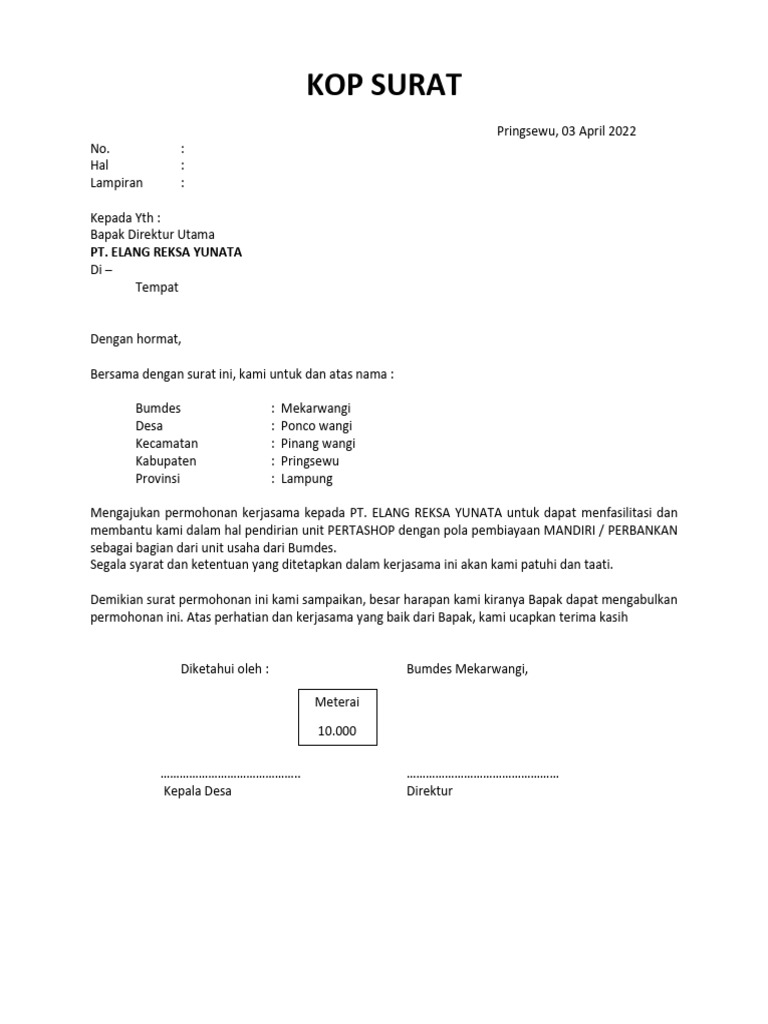 Surat Pengajuan Kso Desa Ke Pt Elang Final | PDF