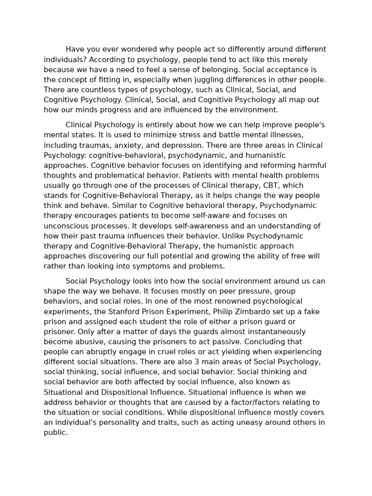 Psychology Clasification Essay | PDF | Psychology | Cognitive Behavioral Therapy