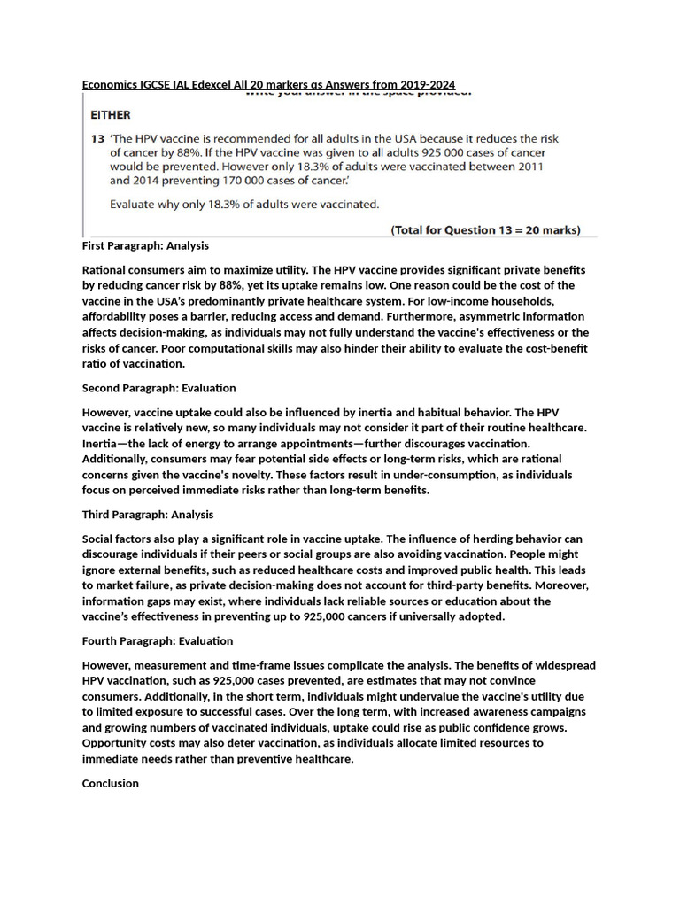 Economics IGCSE IAL Edexcel All 20 Markers Qs Answers From 2019-2024 ...