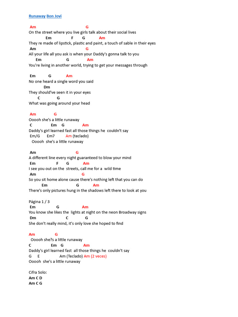 Bon Jovi's "Runaway" Lyrics and Chords | PDF