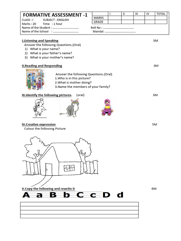 1st Class English FA1 Model Paper 1 | PDF