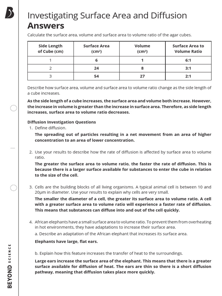 Investigating Surface Area and Diffusion Higher Worksheet Answers | PDF | Diffusion | Surface Area