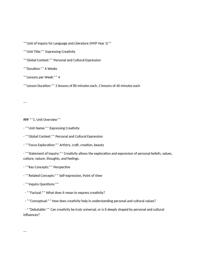 Myp I Unit Creativit and Expression Complete Plan | PDF | Poetry ...