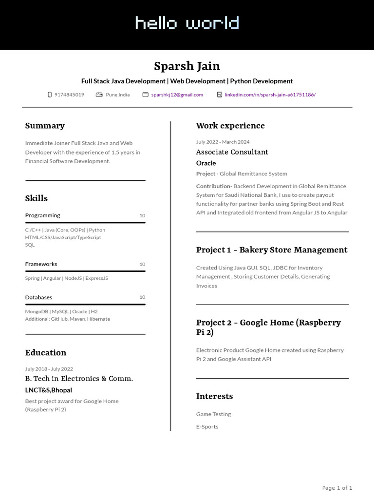 Sparsh Jain VisualCV Resume Java | PDF | Information Technology | Computing