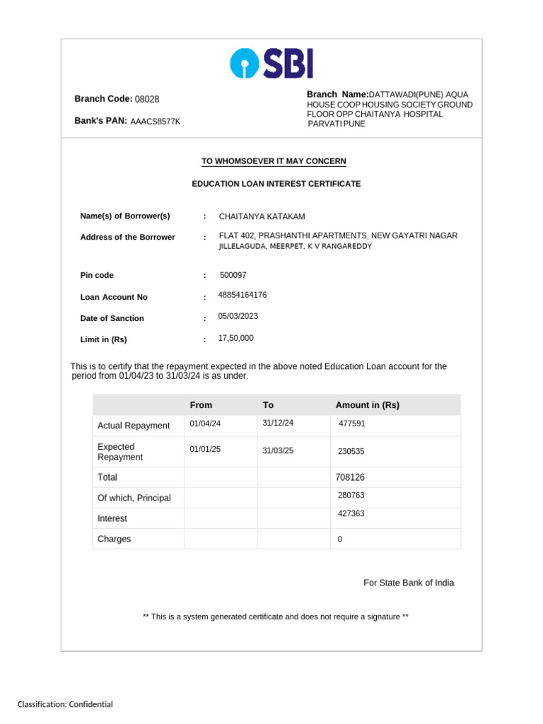 Education Loan Interest Certificate 2023 | PDF