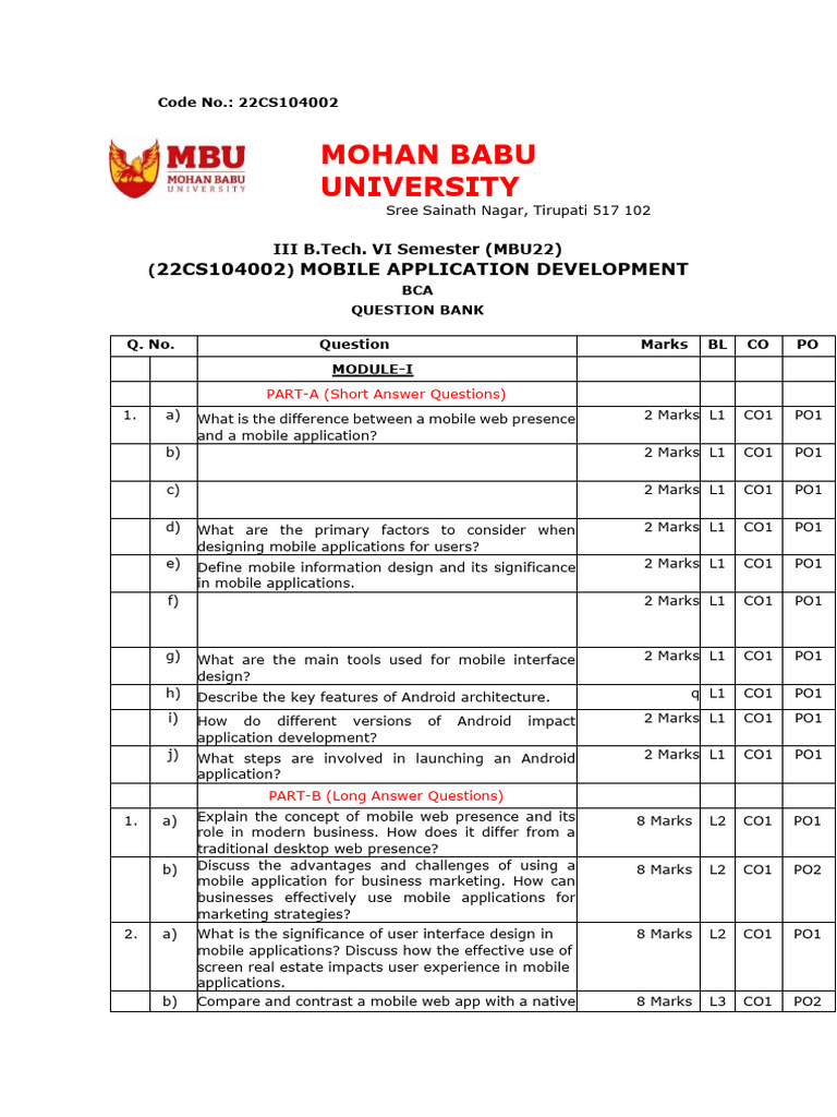 MAD Question Bank | PDF | Mobile App | Android (Operating System)