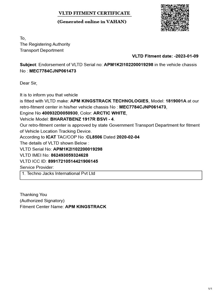 WB41K 1053 VLTD Vahan Fitment Certificate | PDF