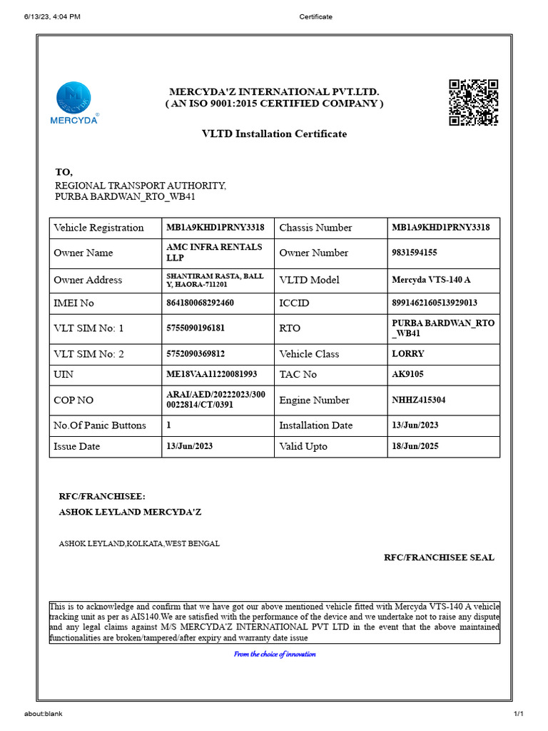 WB41K 1706 VLTD Instalation Certificate | PDF | Transport
