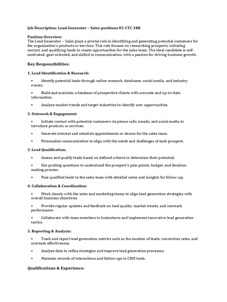 Lead Generator Job Description - Sales | PDF | Sales | Customer ...
