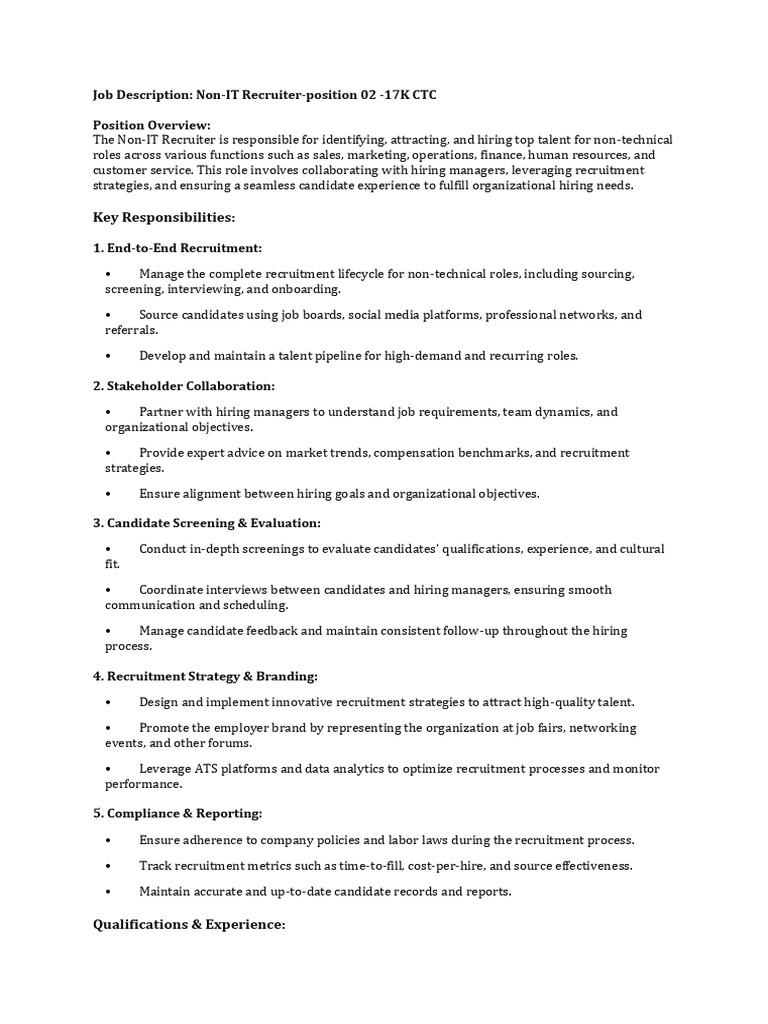 Non-IT Recruiter Job Description | PDF | Recruitment | Business