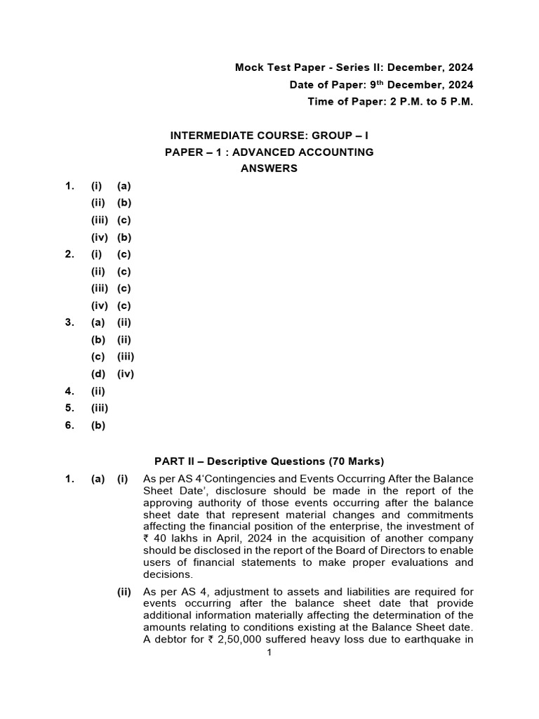 Advanced Accounting Mock Test Answers | PDF | Equity (Finance) | Debits ...