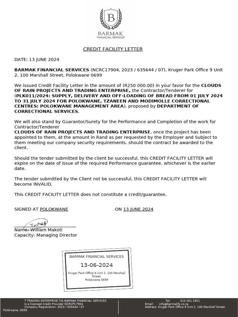 BFS - Credit Facility Letter | PDF