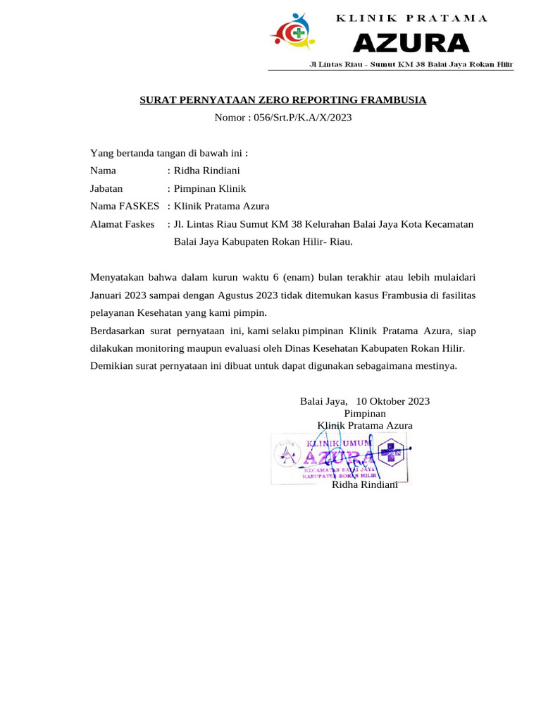 Surat Pernyataan Zero Reporting Frambusia | PDF