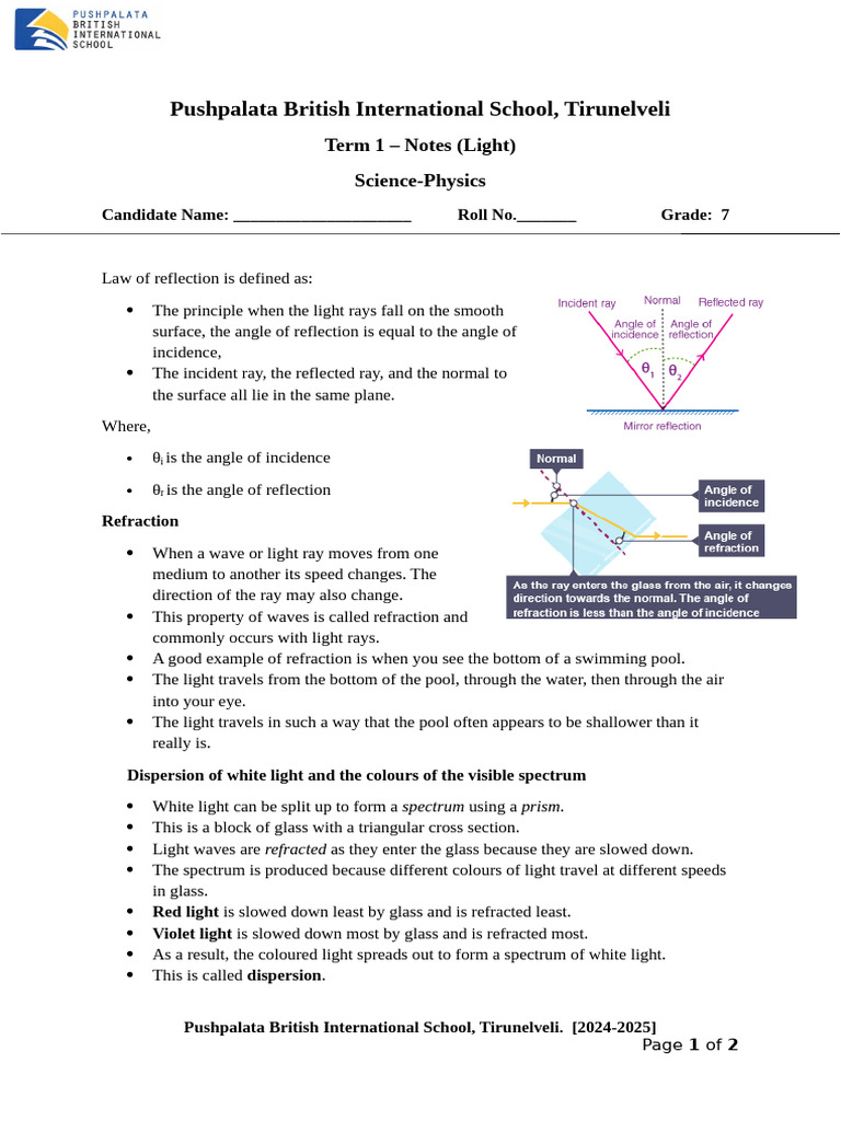 Grade 7 Physics: Light Concepts | PDF | Refraction | Reflection (Physics)