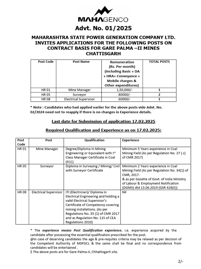 Advt 01 - 2025 Final Garepalma II On Contract Basis - 2025011610105465 | PDF