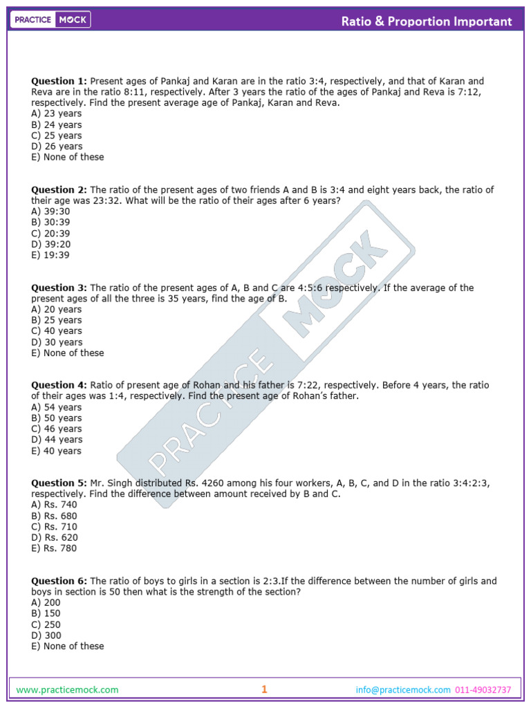 Ratio & Proportion Important Question | PDF | Arithmetic | Division ...