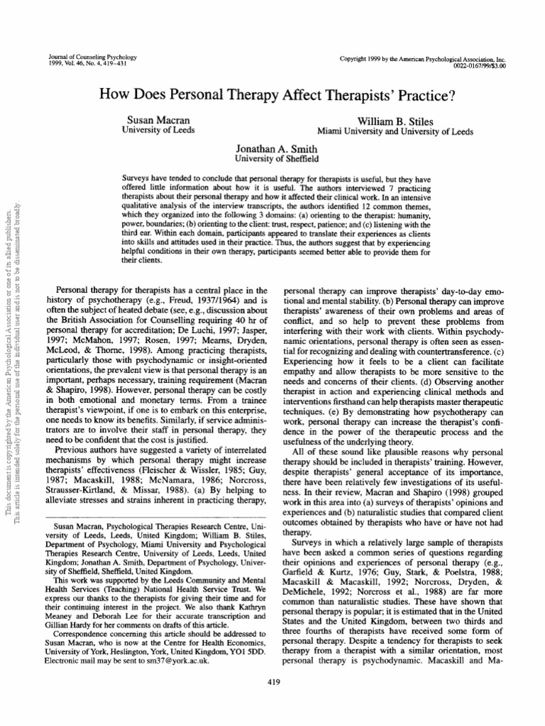 04 How Does Personal Therapy Affect Therapists' Practice | PDF ...