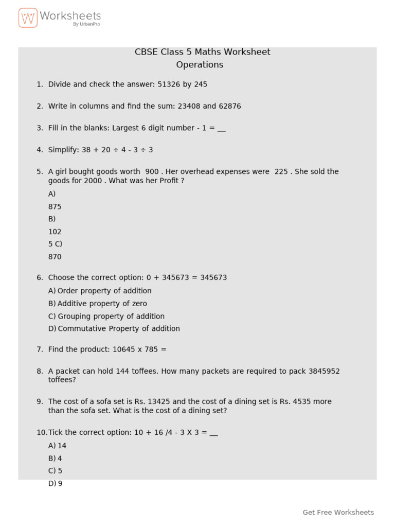 Free CBSE Class 5 Maths Worksheets | PDF | Division (Mathematics ...