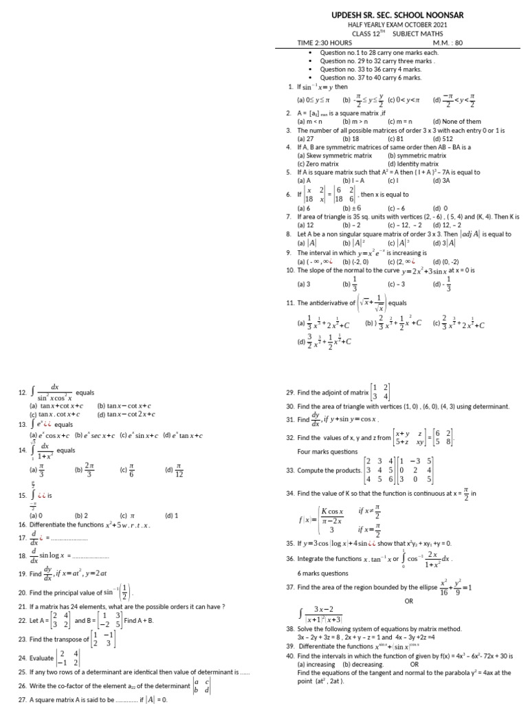 12th math | PDF | Matrix (Mathematics) | Tangent