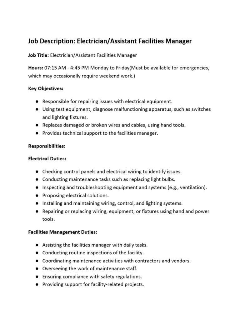 Job Description - Electrician | PDF | Electrician | Electrical Wiring