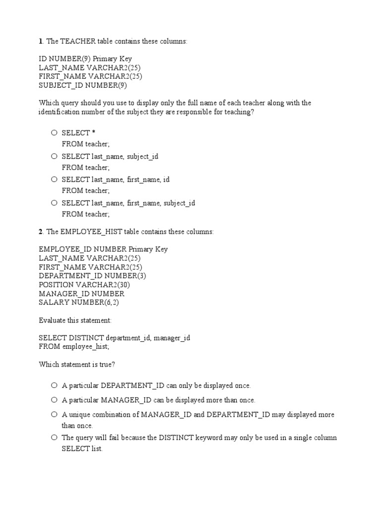 O O O O 1 The Teacher Table Contains These Columns Pdf Sql 1211