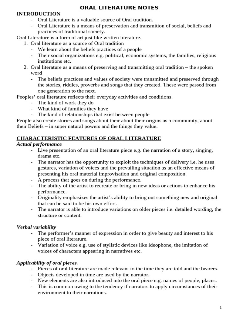 Oral Literature notes | PDF | Narrative | Poetry