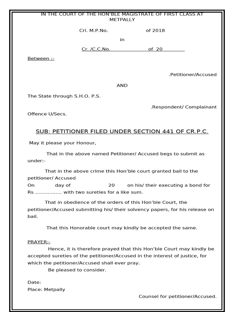 Surety and Personal Bond Petition Template | PDF | Bail | Affidavit