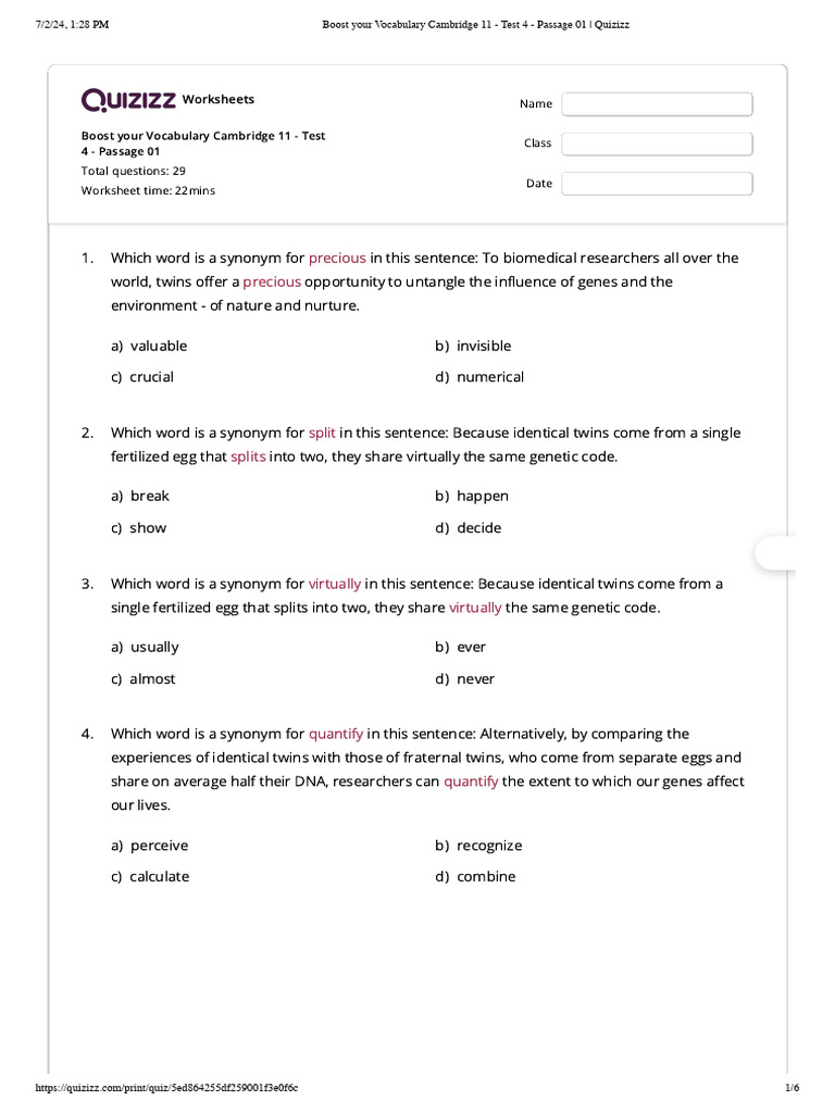 Vocabulary Worksheet for Cambridge 11 | PDF | Nature Versus Nurture ...