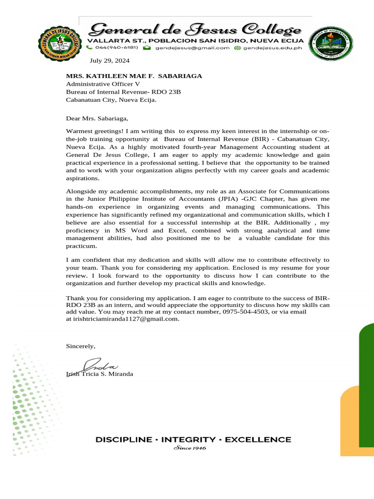 Application Letter Ojt Pdf