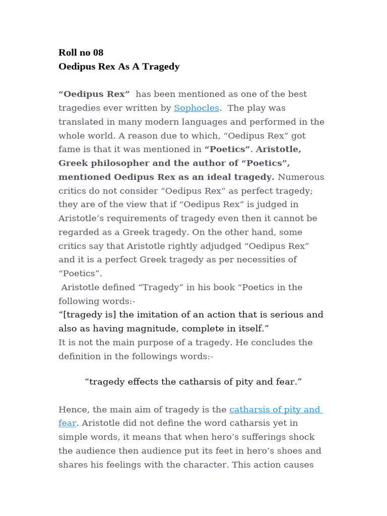 Oedipus Rex As A Tragedy L?QSLVD | PDF | Tragedy | Poetics (Aristotle)