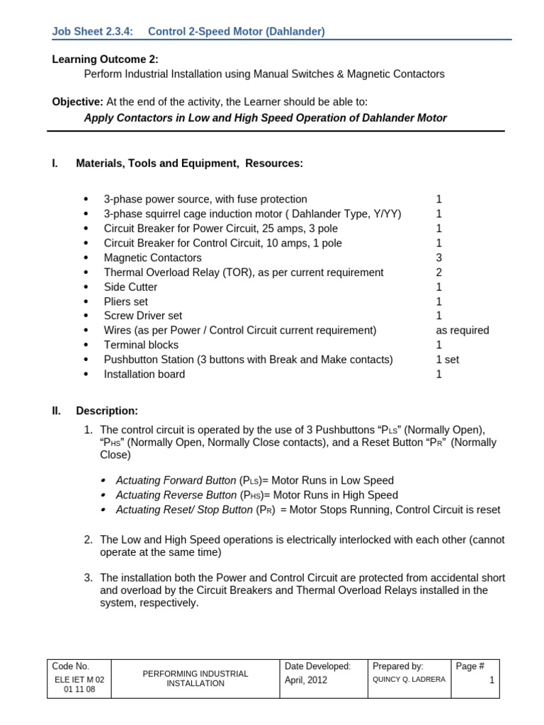 LO2 - 2.3.4 Job Install Two Speed Motor | PDF | Relay | Switch