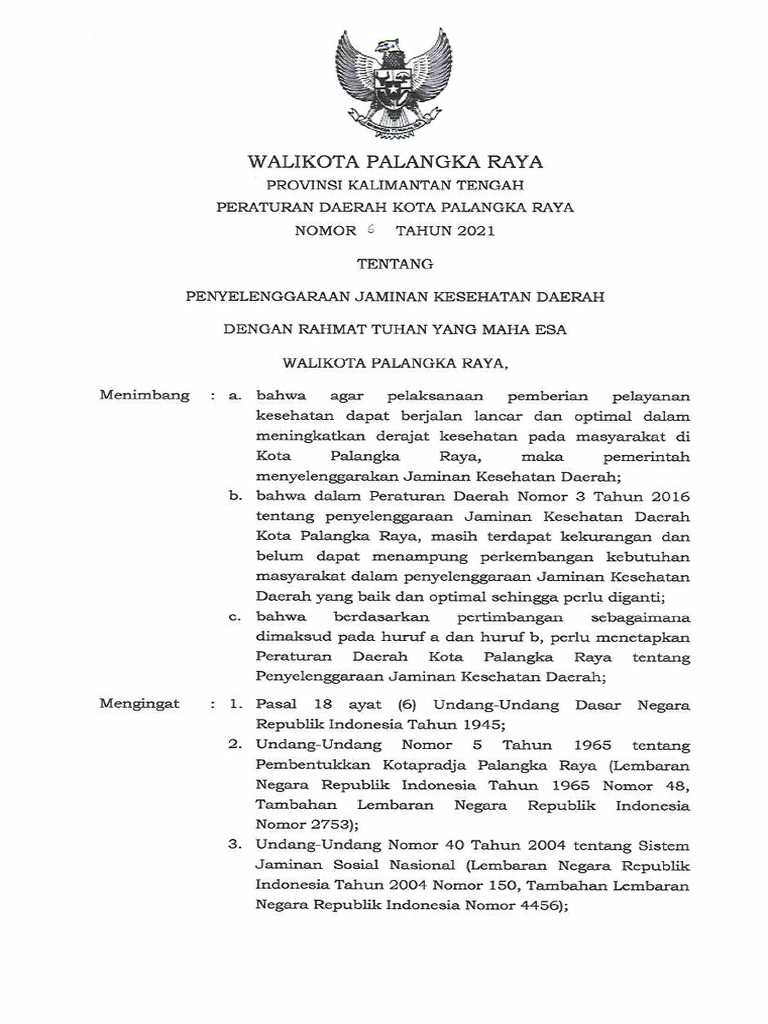 PERDA NOMOR 6 TAHUN 2021 Tentang Penyelenggaraan Jamkesda | PDF