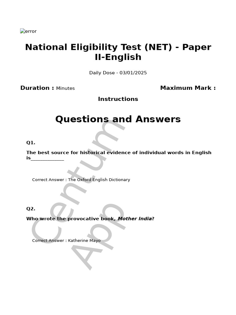 NET Paper II English Quiz Answers | PDF
