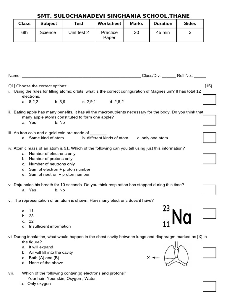 Practice Paper 6th Science UT2 | PDF | Atoms | Atomic Nucleus