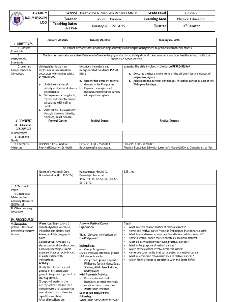 1st Week Physical Education Daily Lesson Log Template GRADE 9 | PDF ...