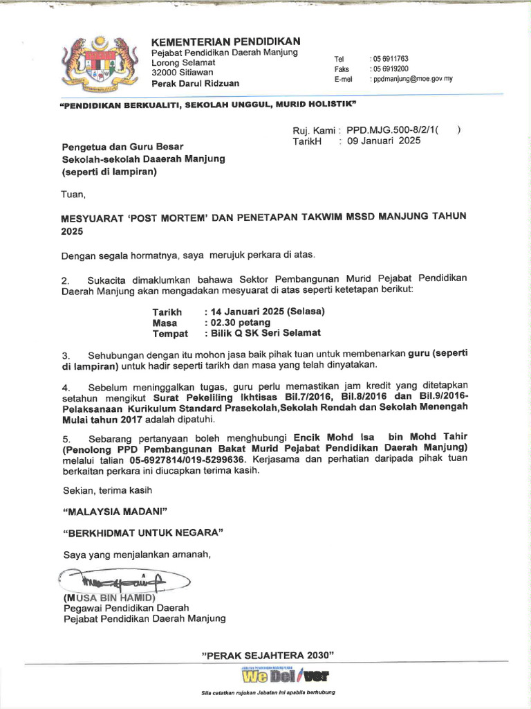 Mesyuarat Post Mortem' Dan Penetapan Takwim MSSD Manjung Tahun | PDF