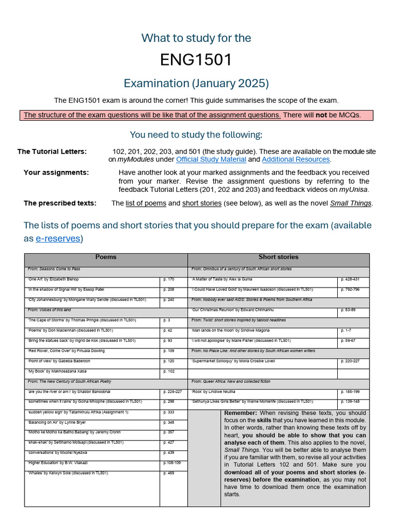 What To Study For The ENG1501 Exam - Jan - 2025 | PDF | South African People | Poets