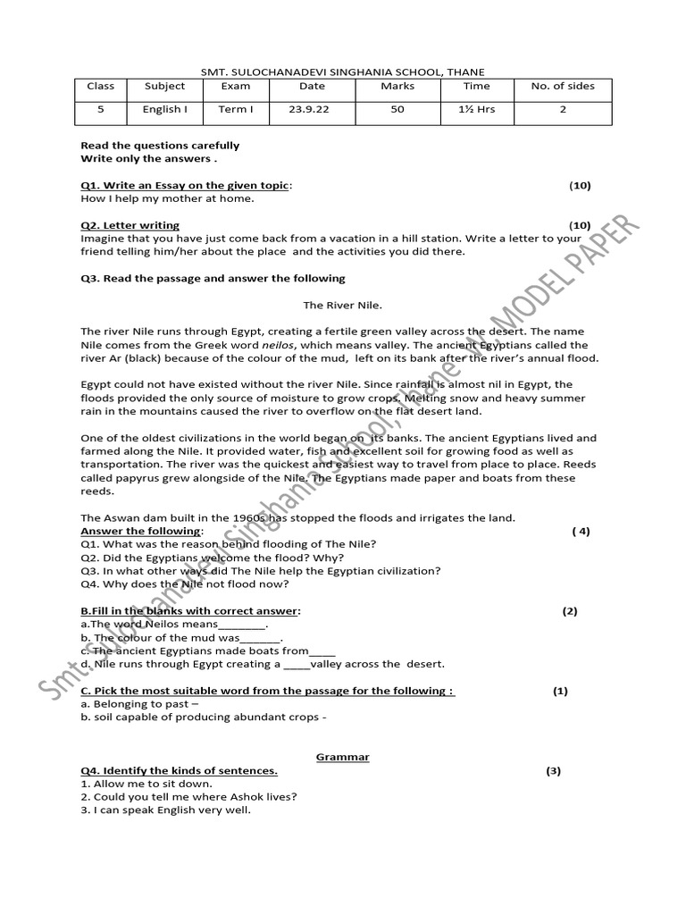 STD 5 English I Term I Paper Sep 2022 | PDF | Nile | Ancient Egypt