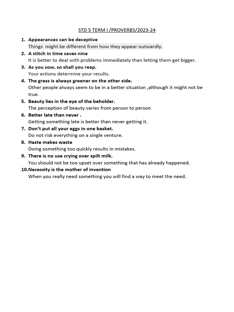 STD 5 Term I Proverbs 2023-24 | PDF