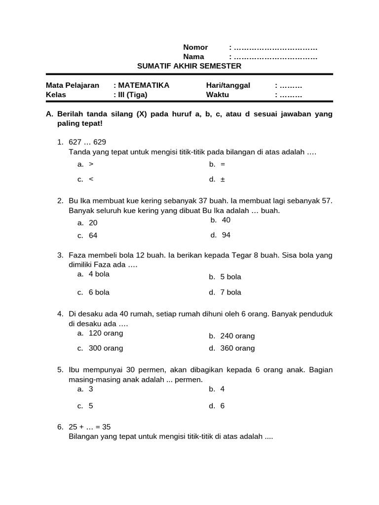 Soal Asas Ganjil Matematika Kelas 3 | PDF