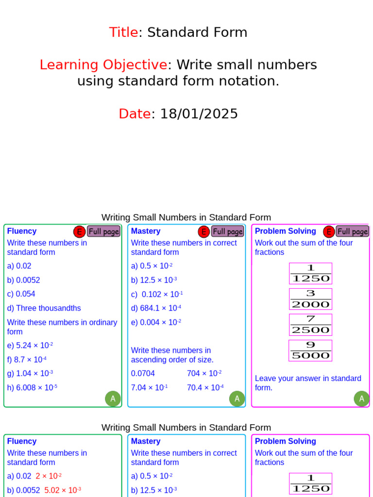 Standard Form - Small Numbers | PDF | Mathematics