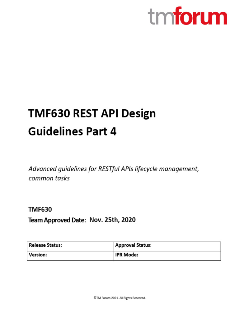 TMF630 REST API Design Guidelines Part 4 v4.0.0 | PDF | Copyright | Computing
